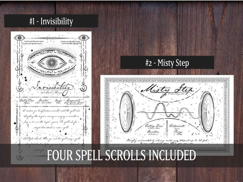 DND Printable Spell Scrolls, Dungeon Master TTRPG Prop, Black & White Design, Set 4 ...