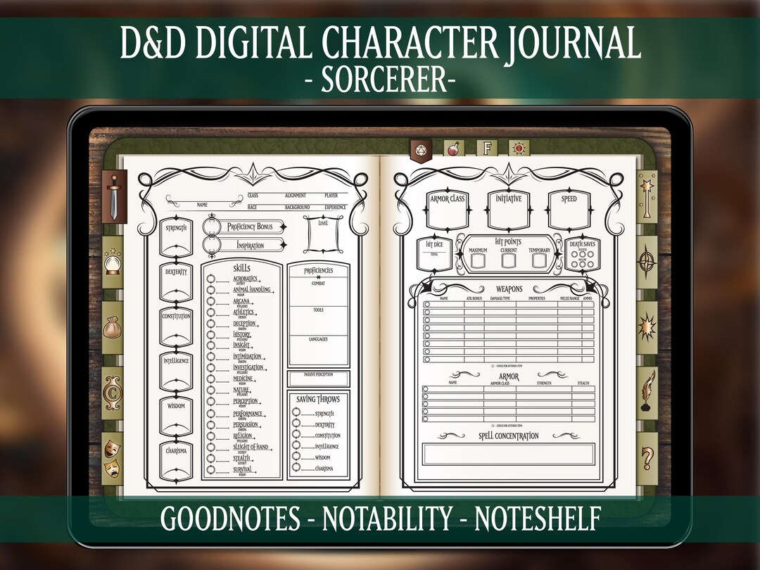 Dnd 5e Sorcerer Digital Character Journal: Spell Cards, Elven Design ...