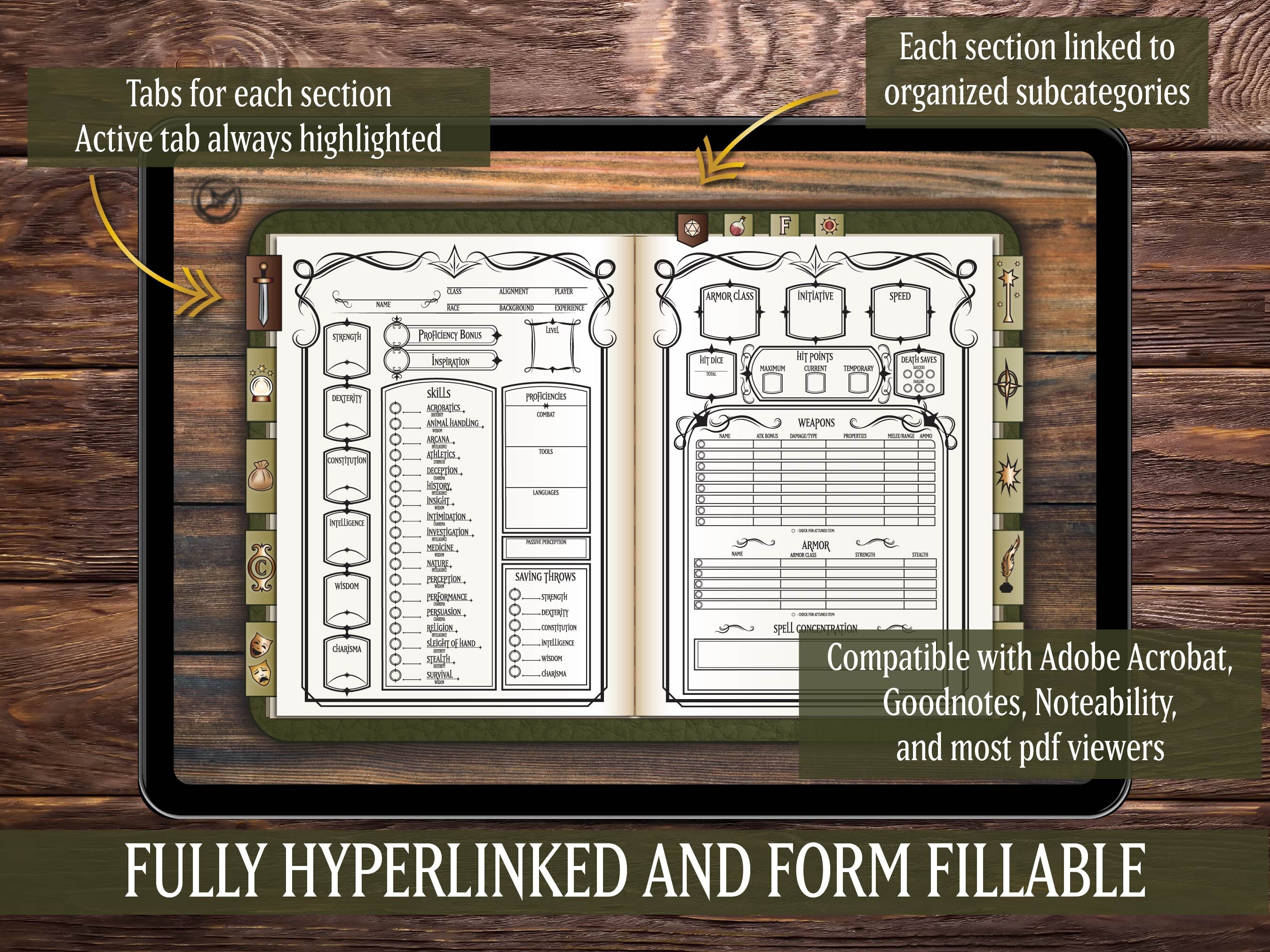 DND Digital Journal Fillable PDF, Character Sheet, 5e, Goodnotes ...