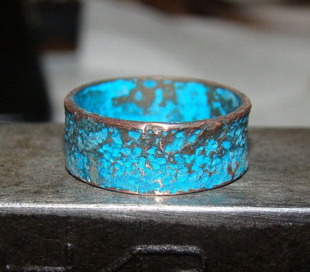 Ocean Blue Ring, Mens Wedding Band, Patina Ring, Textured Copper Ring ...