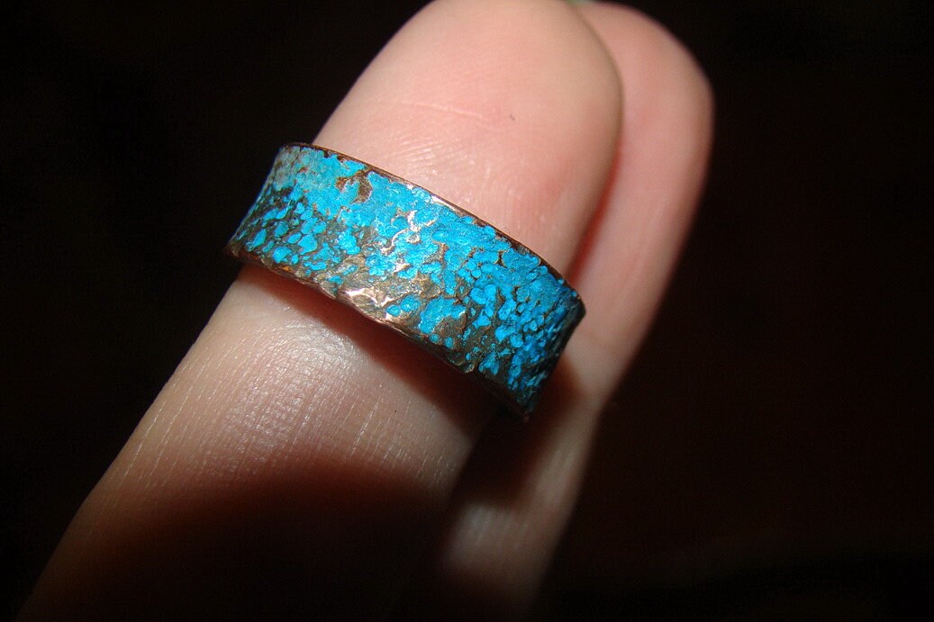 Ocean Blue Ring, Mens Wedding Band, Patina Ring, Textured Copper Ring, Hammered Wide Band Ring ...