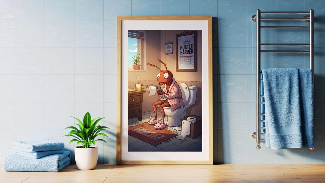 Funny Bathroom Poster – Lazy Ant on Toilet Watching Reels – Humorous ...