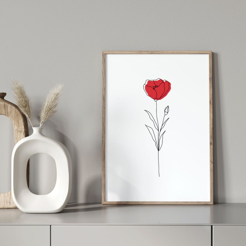 Botanical Line Wall Art, Red Poppy Wall Decor, Floral Wall Art Print ...
