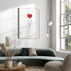 Botanical Line Wall Art, Red Poppy Wall Decor, Floral Wall Art Print ...