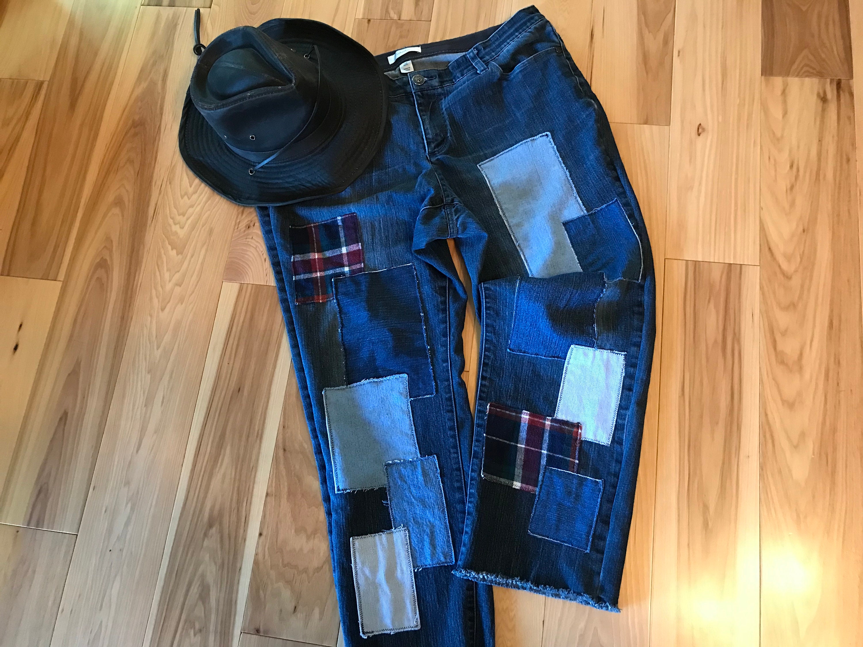 Reworked Denim Flannel Plaid Patch Jeans Size 16, Upcycled Frayed Hems ...