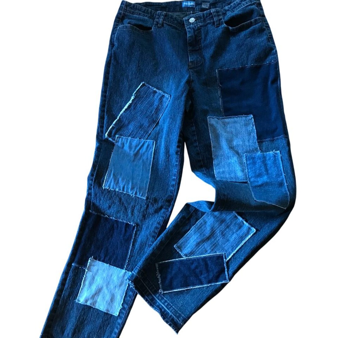 Upcycled Distressed Denim on Denim Patchwork Jeans Size 14, Reworked ...