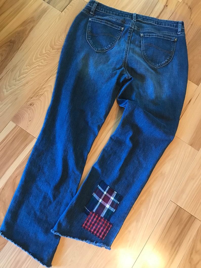 Reworked Plaid Flannel Patch Jeans Size 14 Upcycled Handmade - Etsy