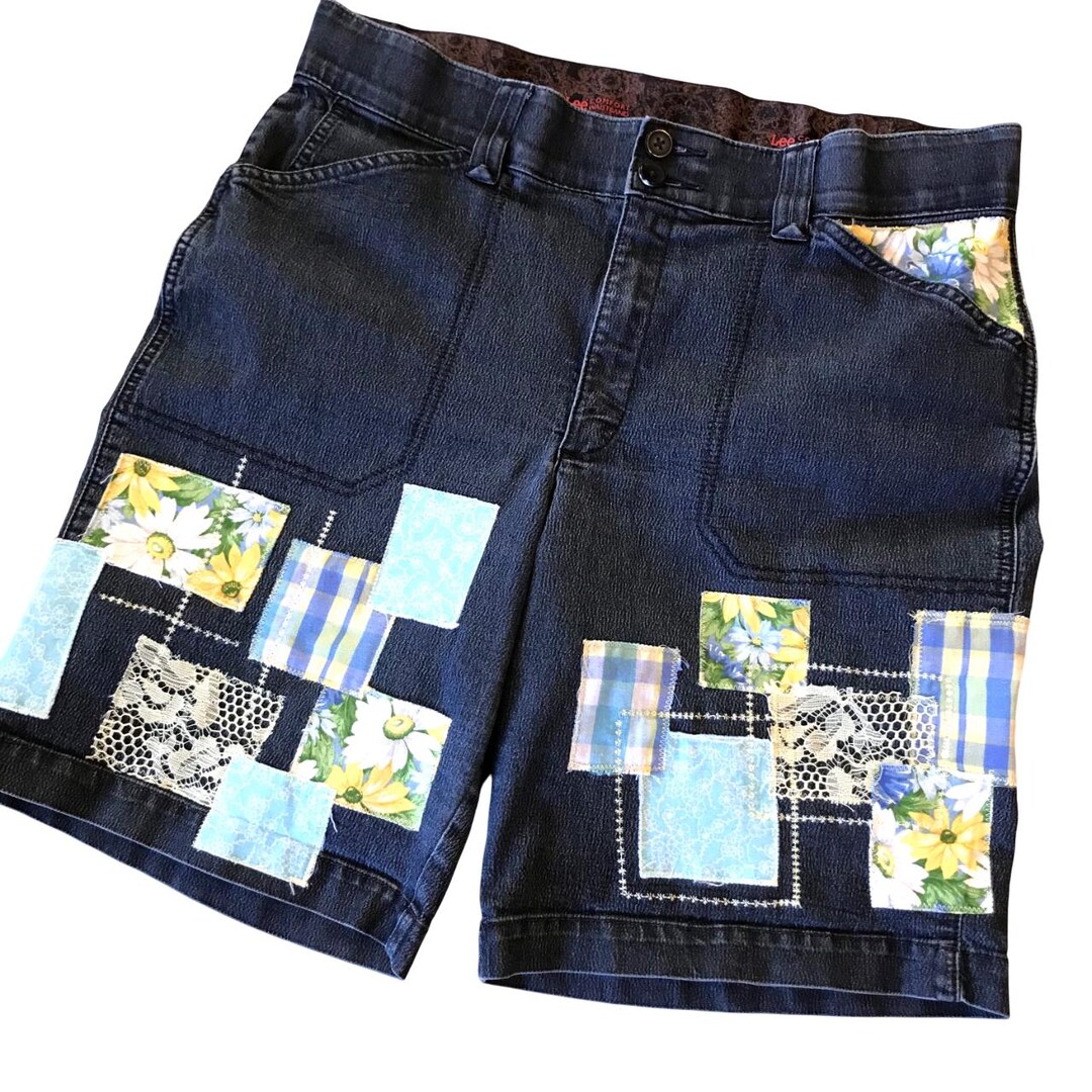 Boho Patchwork Jean Shorts Women's Size 14 Medium, Patched Denim Short ...
