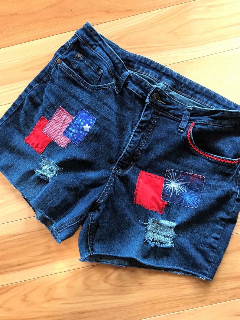 Women's Size 16 Ripped Denim Cutoffs, Upcycled Patched 4th of July ...
