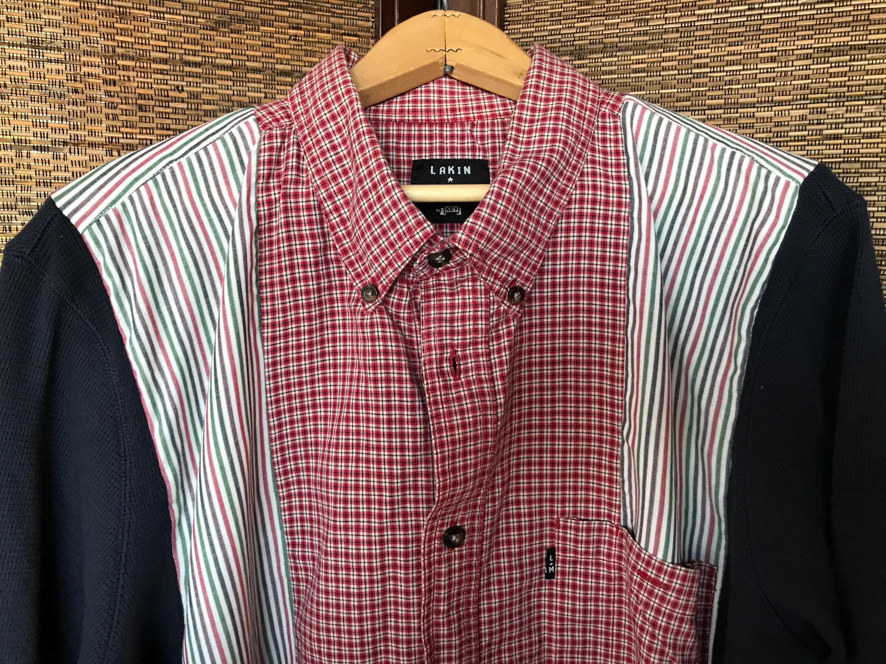 Upcycled Mixed Print Button-down Shirt, Size M-L: Spliced Plaid ...