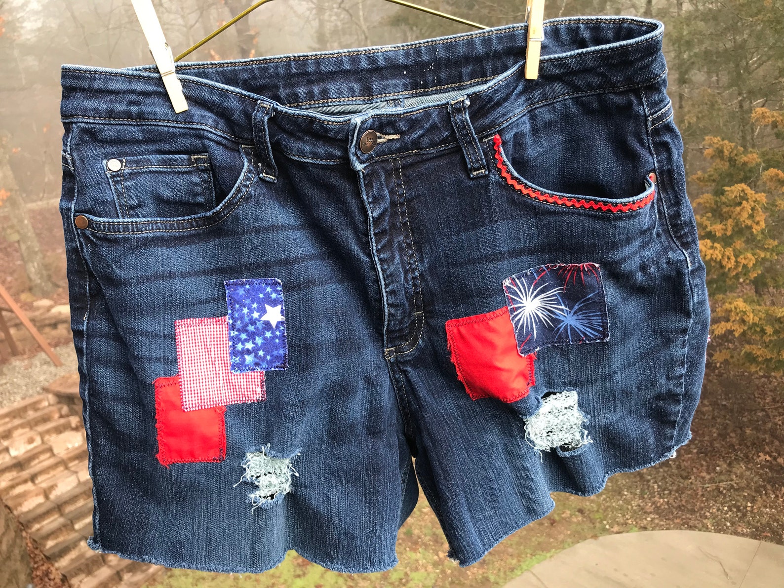 Women's Size 16 Ripped Denim Cutoffs, Upcycled Patched 4th of July ...
