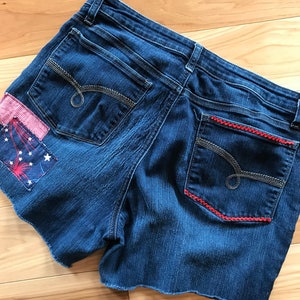 Women's Size 16 Ripped Denim Cutoffs, Upcycled Patched 4th of July ...