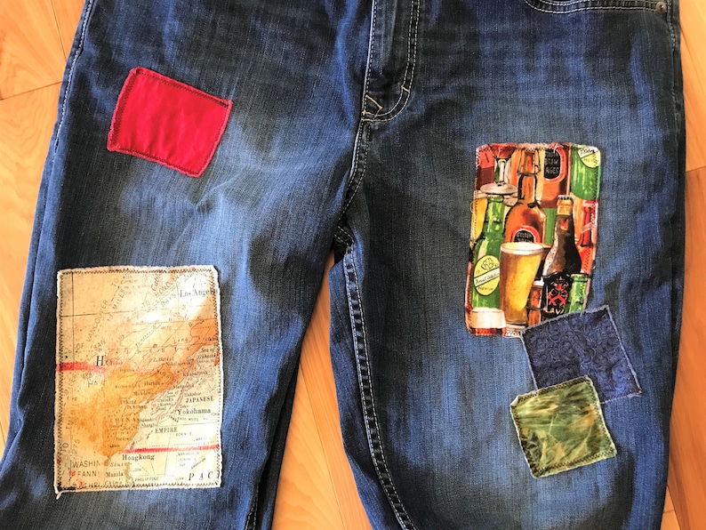 Hippie Upcycled Patchwork Jeans Size Men's 36/30, Reworked Patches on ...