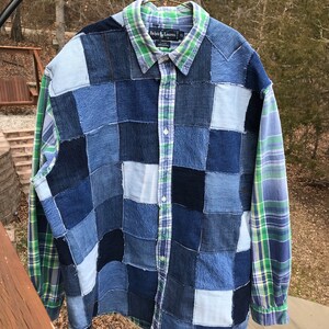 Handmade Patchwork Frayed Denim Jacket, Patched Painted Lake Theme ...