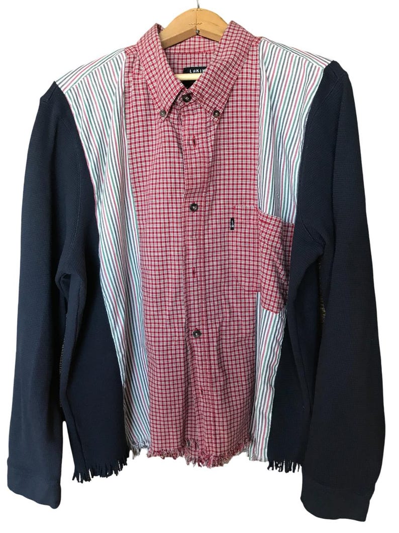 Upcycled Mixed Print Button-down Shirt, Size M-L: Spliced Plaid ...