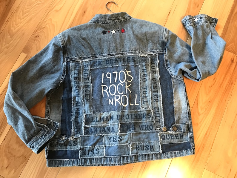 Upcycled Rock and Roll Denim Jacket Women's XL, Handmade 1970s Rock ...
