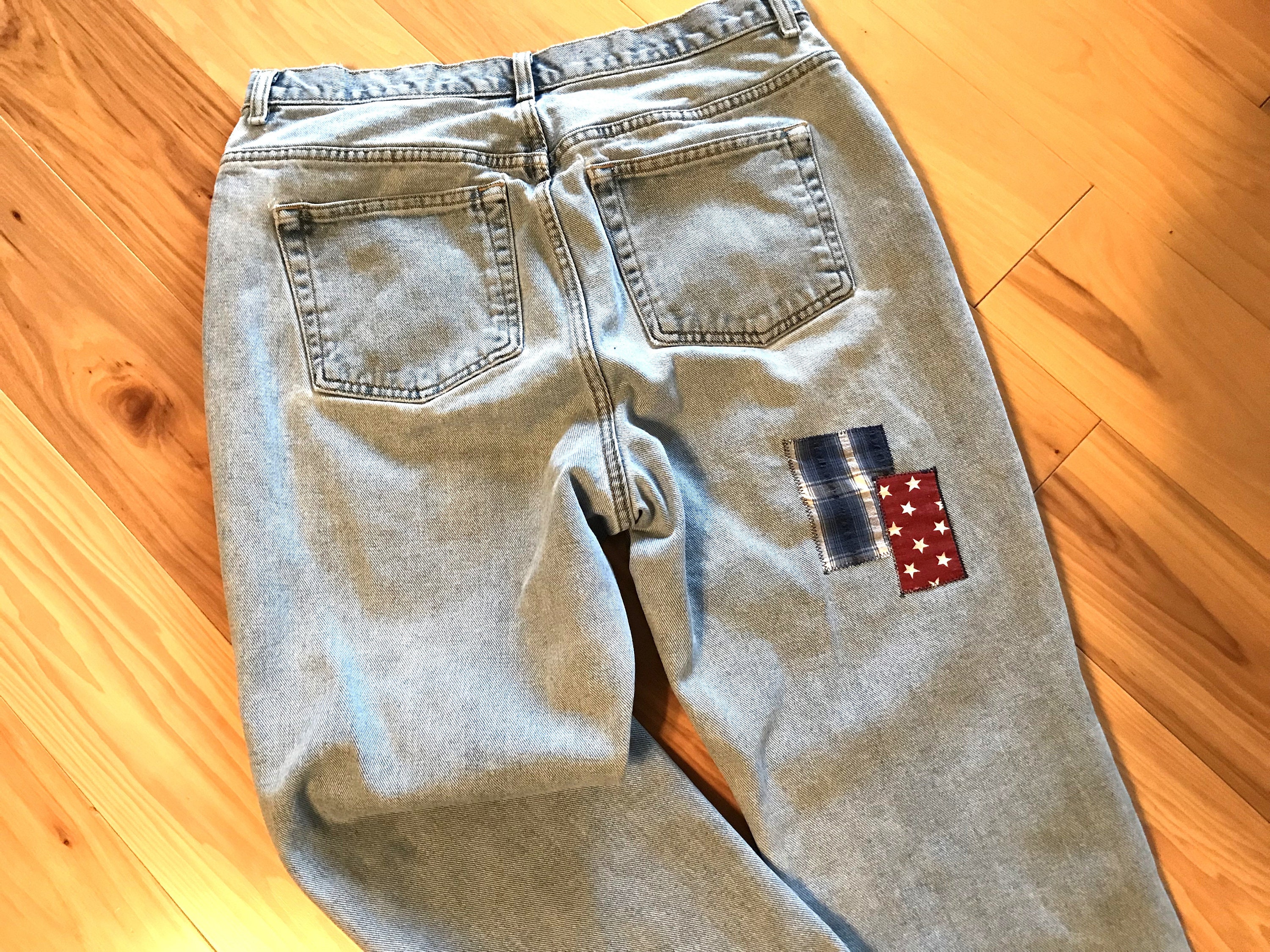 Upcycled Patchwork Cropped Jeans Women's Size 14, Patriotic Stars and ...