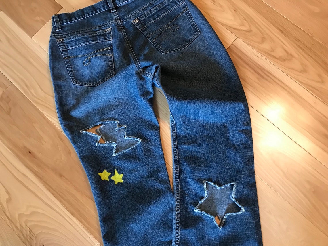 Destroyed Ripped Jeans With Cutouts Embellished Edgy Stars - Etsy
