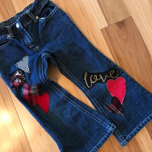 Upcycled Patchwork Jeans, Kids Size 5: Handmade Heart Patches Front and ...