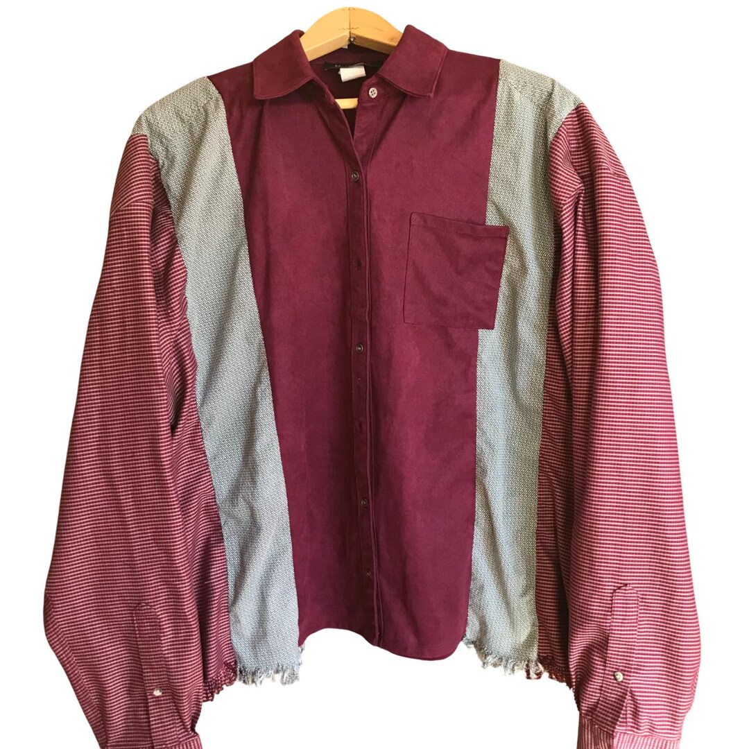 Mixed Print Button Down Shirt Size L to XL, Upcycled Patchwork Shirt ...