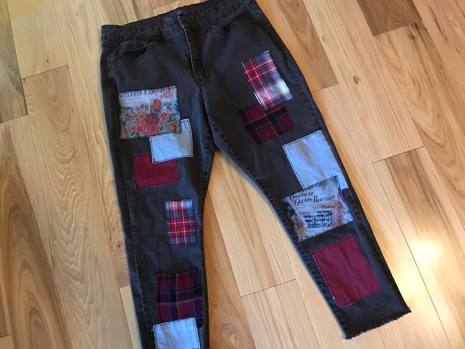 Reworked Cropped Plaid Patch Jeans Size 14, Upcycled Black Denim ...