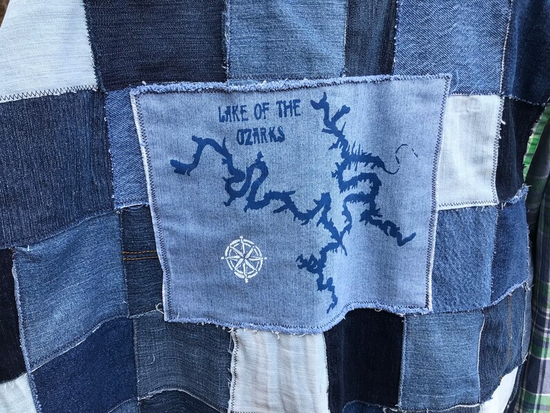 Handmade Patchwork Frayed Denim Jacket, Patched Painted Lake Theme ...