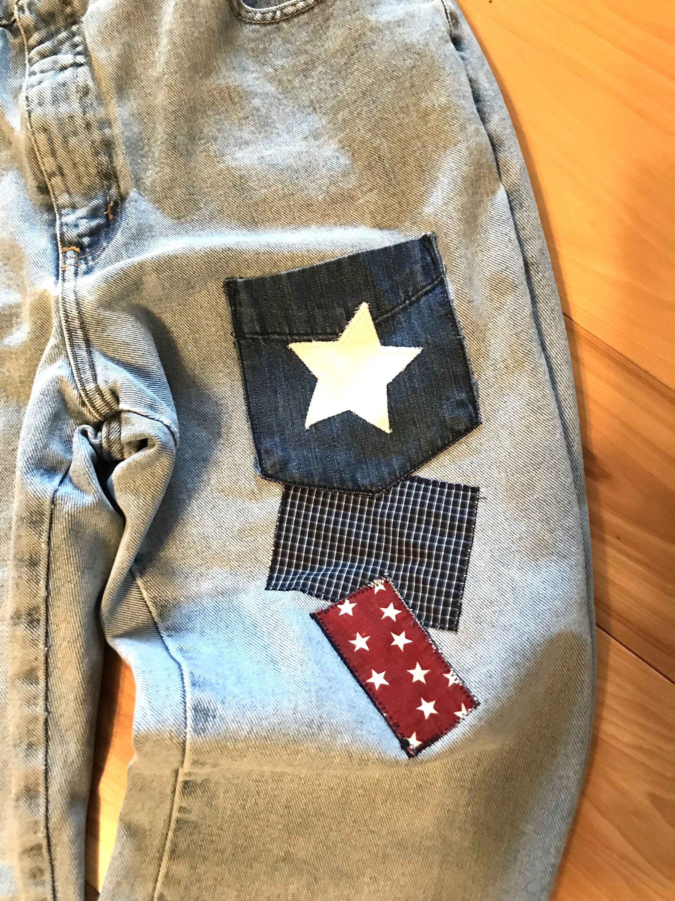 Upcycled Patchwork Cropped Jeans Women's Size 14, Patriotic Stars and ...