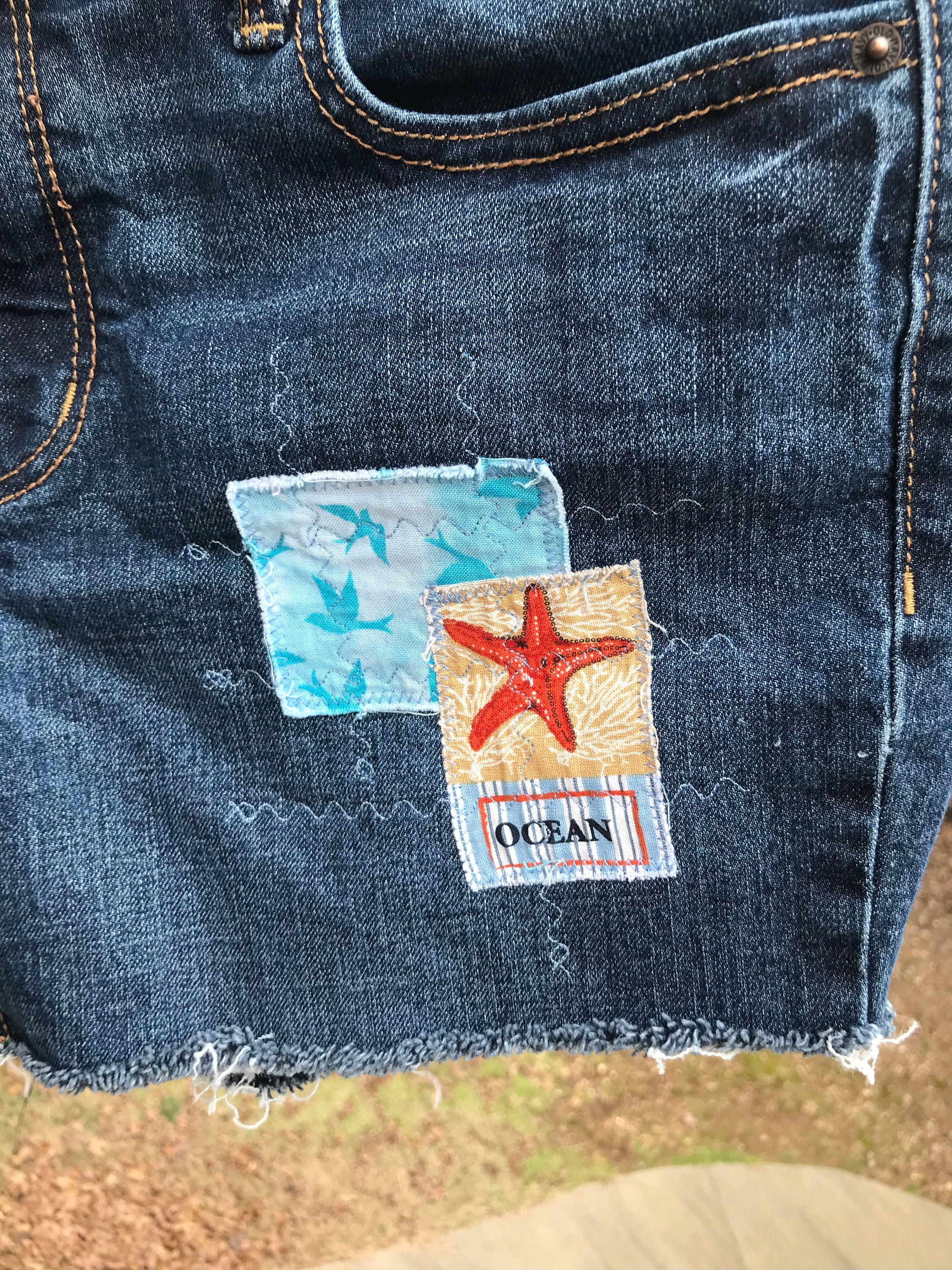 Patchwork Painted Cutoff Jean Shorts, Decorated Frayed Ocean Short ...