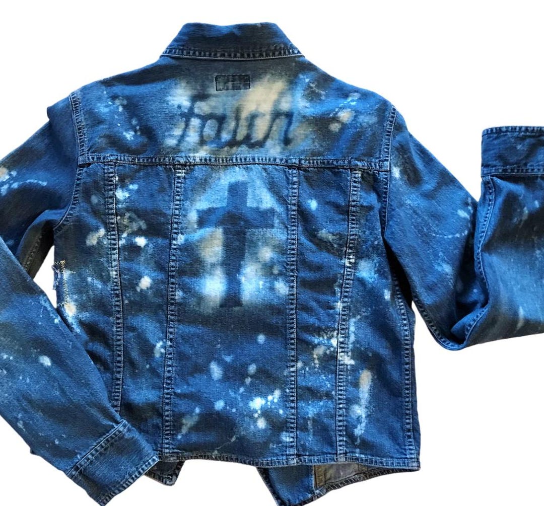 Upcycled Bleached Jean Jacket for Women Size 6, Faith Inspired Kitten ...