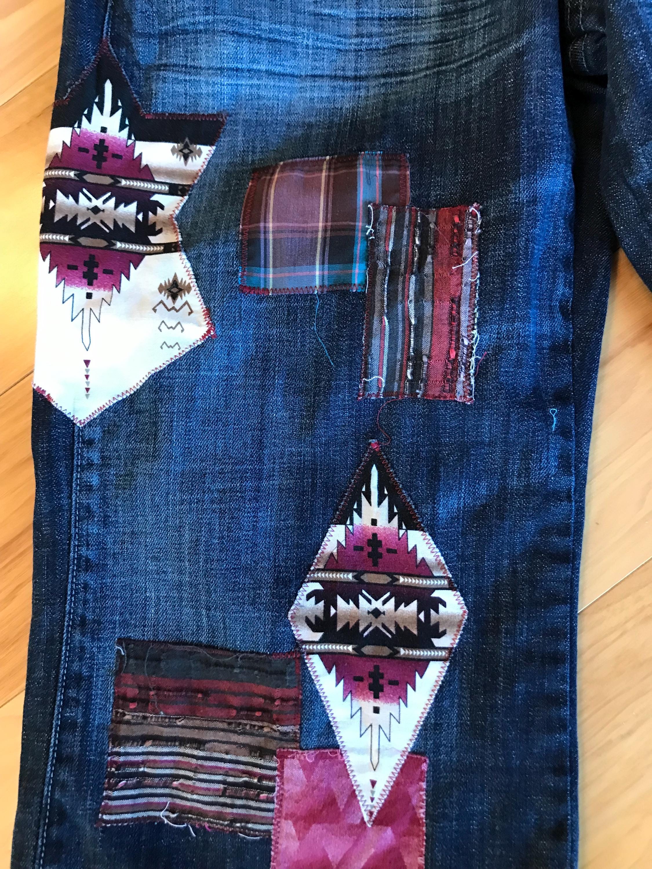 Southwest Aztec Patch Jeans Women's Size 7/8, Upcycled Tribal Print ...