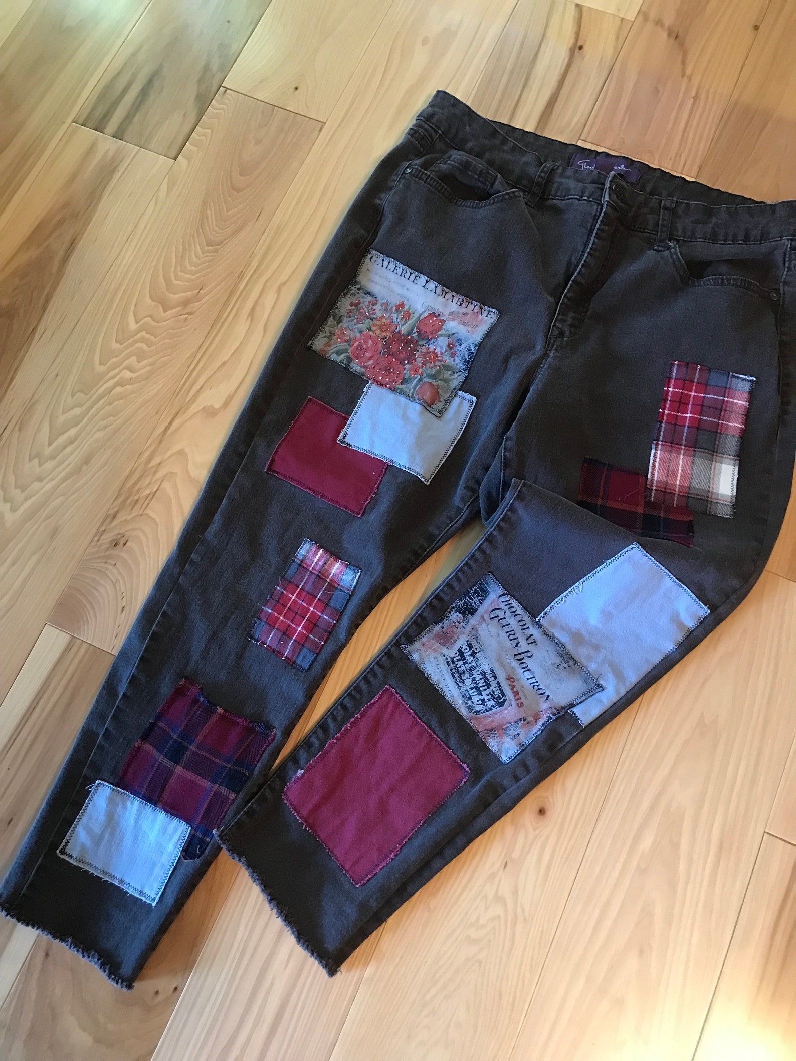 Reworked Cropped Plaid Patch Jeans Size 14, Upcycled Black Denim ...