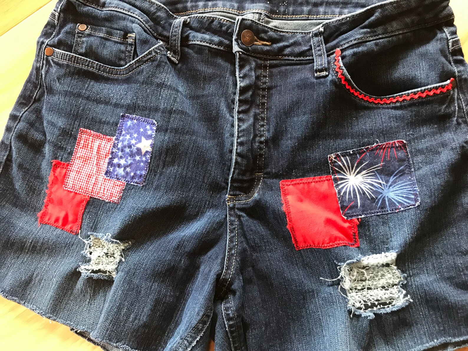Women's Size 16 Ripped Denim Cutoffs, Upcycled Patched 4th of July ...
