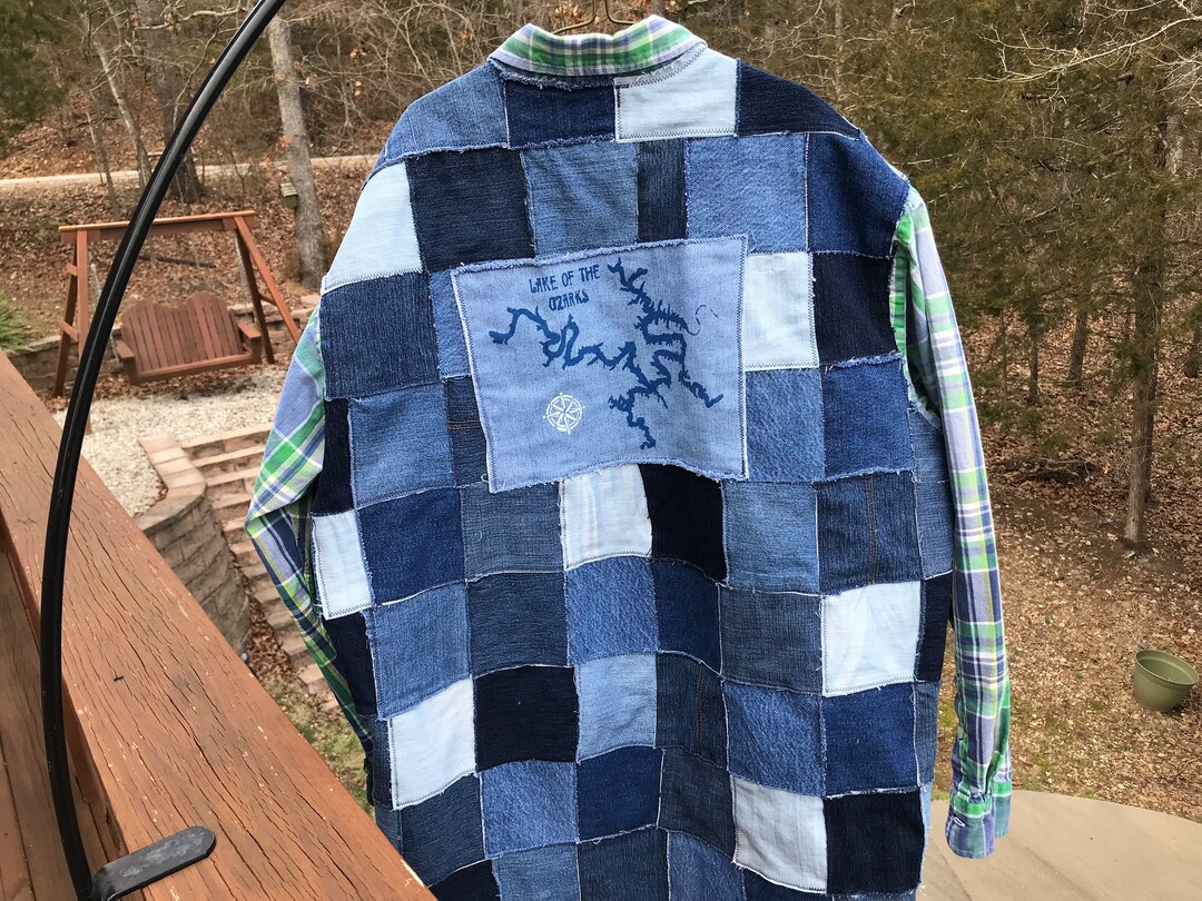 Handmade Patchwork Frayed Denim Jacket, Patched Painted Lake Theme ...