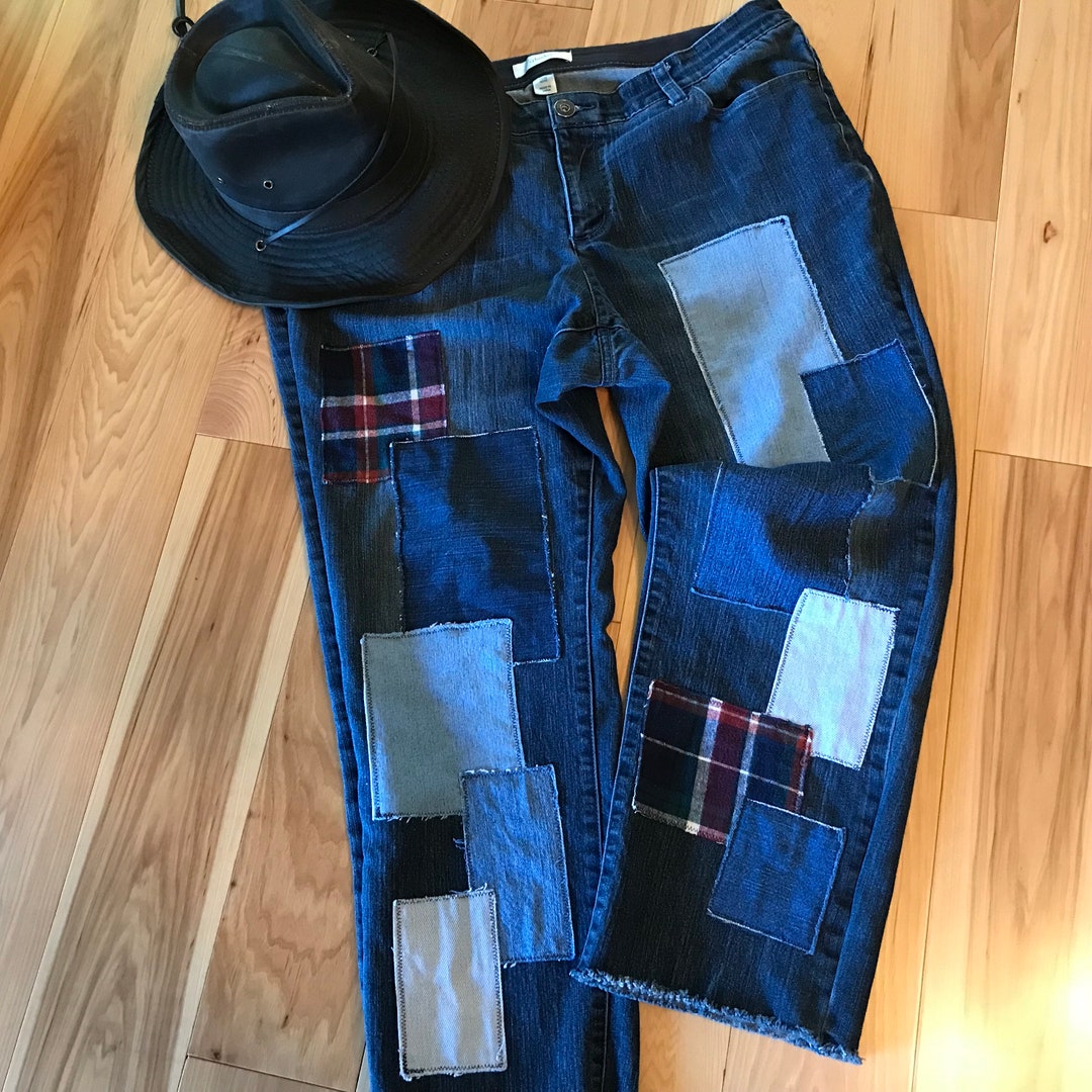 Reworked Denim Flannel Plaid Patch Jeans Size 16, Upcycled Frayed Hems ...
