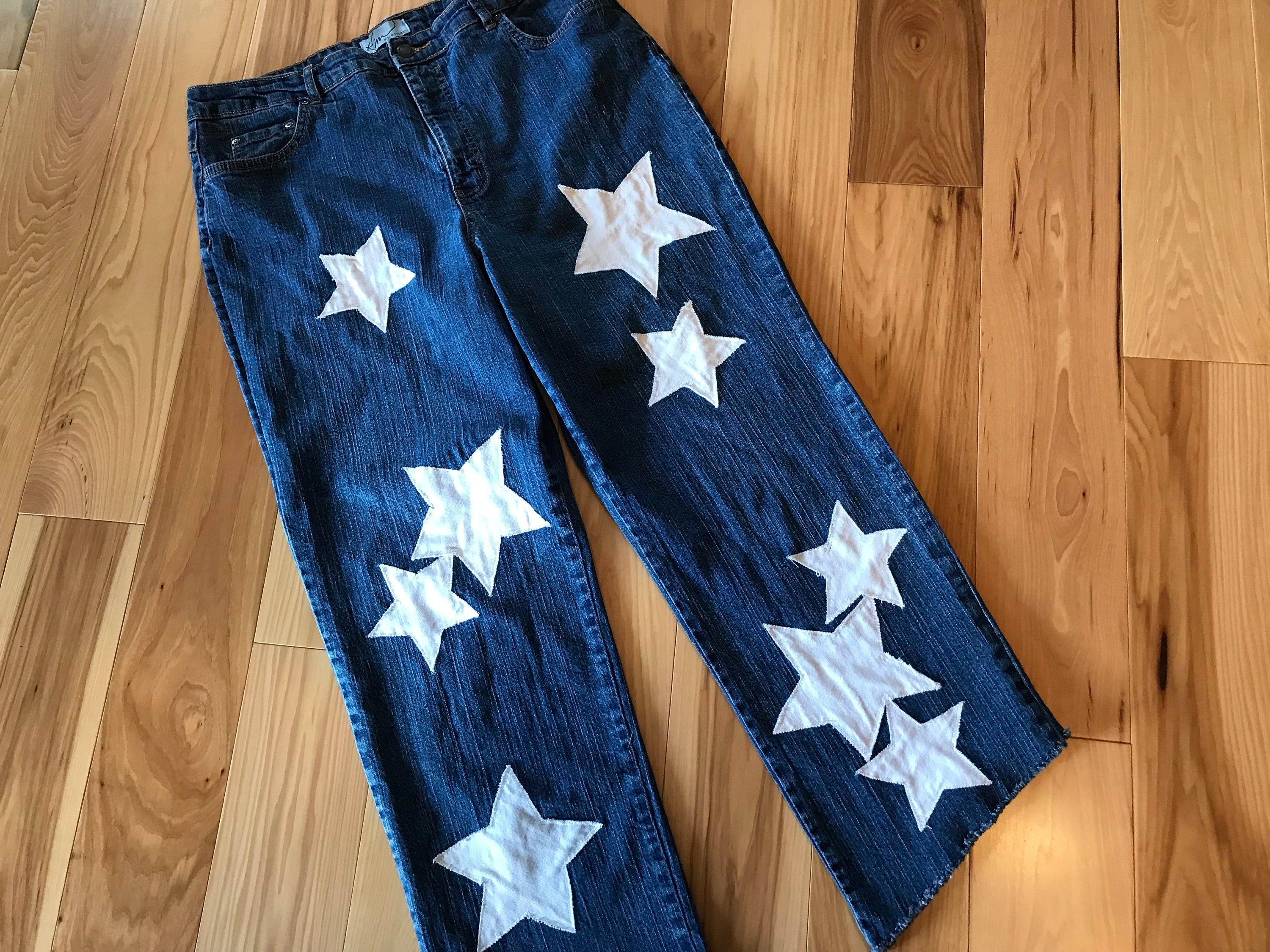 Reworked Patchwork Denim Jeans With Stars Size 16 Upcycled - Etsy