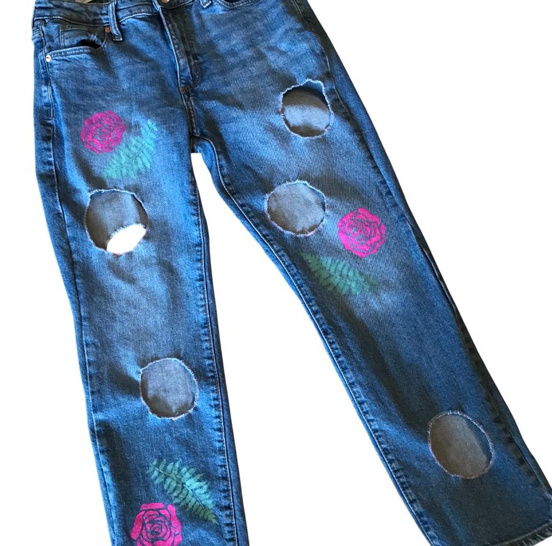 Distressed Holey Painted Jeans, Destroyed Embellished Cutout Denim ...