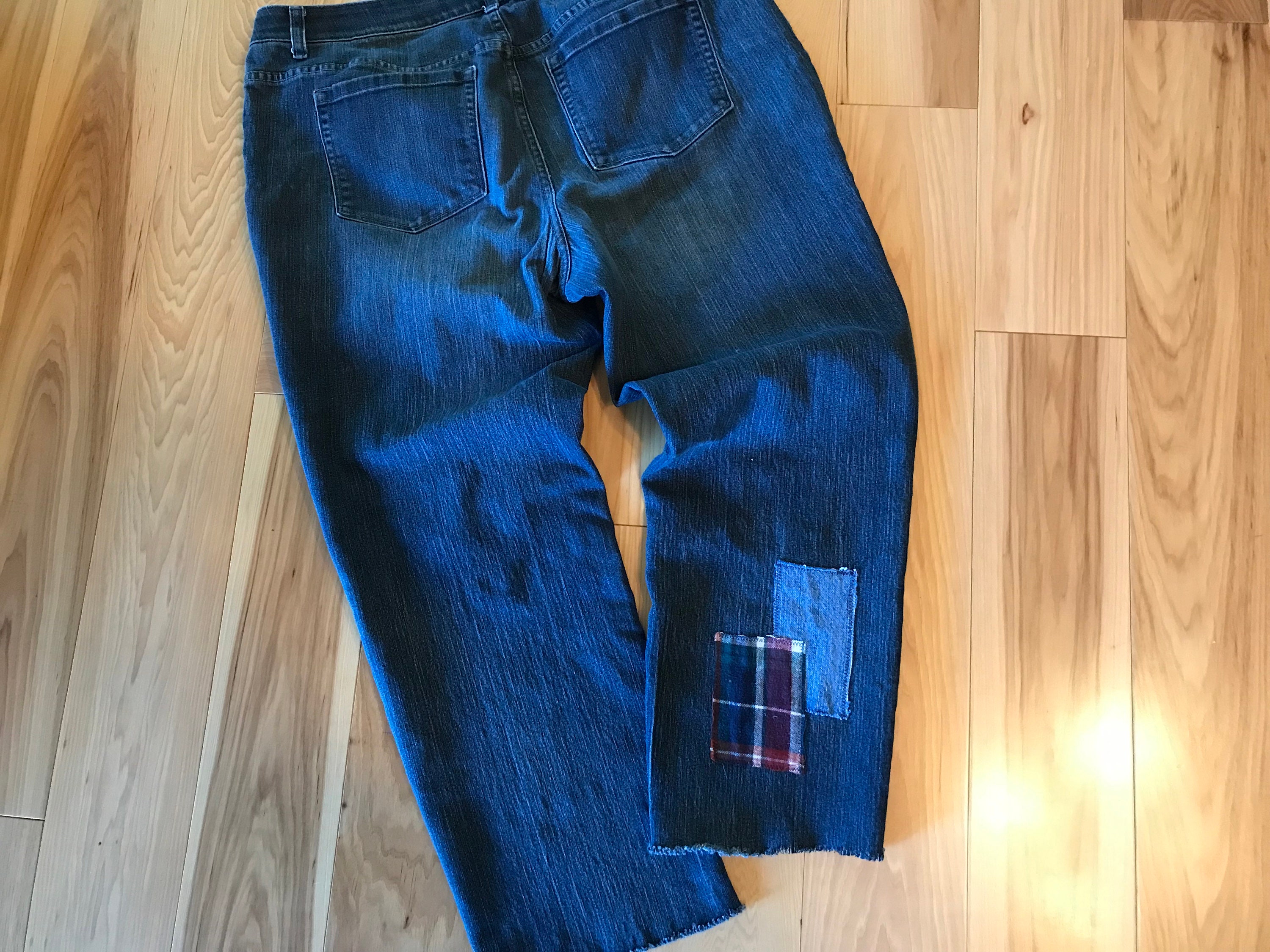 Reworked Denim Flannel Plaid Patch Jeans Size 16 Upcycled - Etsy