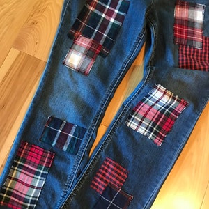 Reworked Plaid Flannel Patch Jeans Size 14, Upcycled Handmade Designer ...