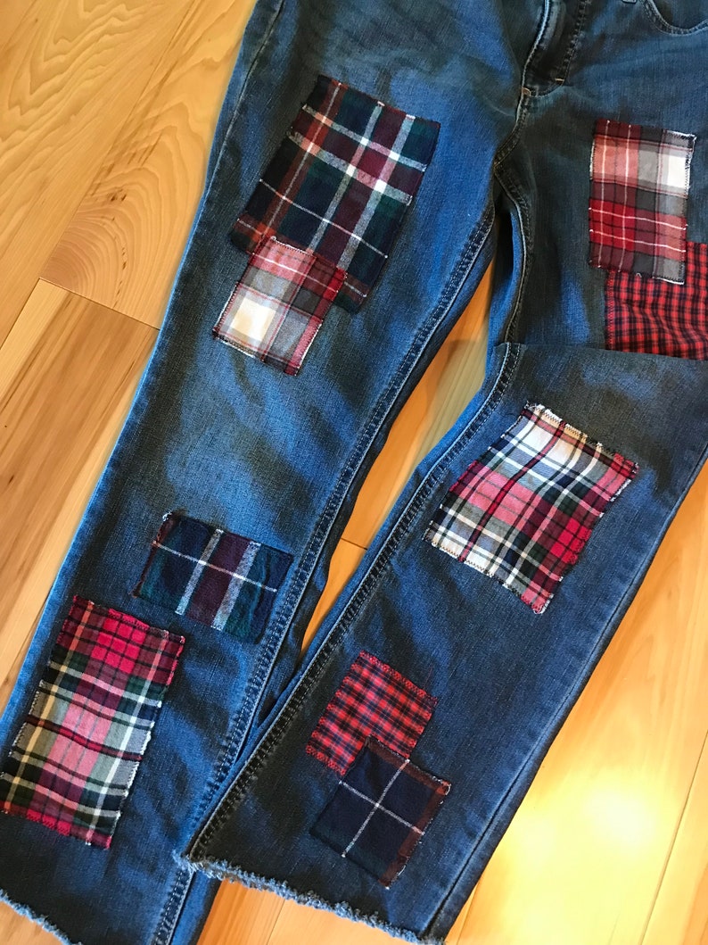 Reworked Plaid Flannel Patch Jeans Size 14 Upcycled Handmade - Etsy