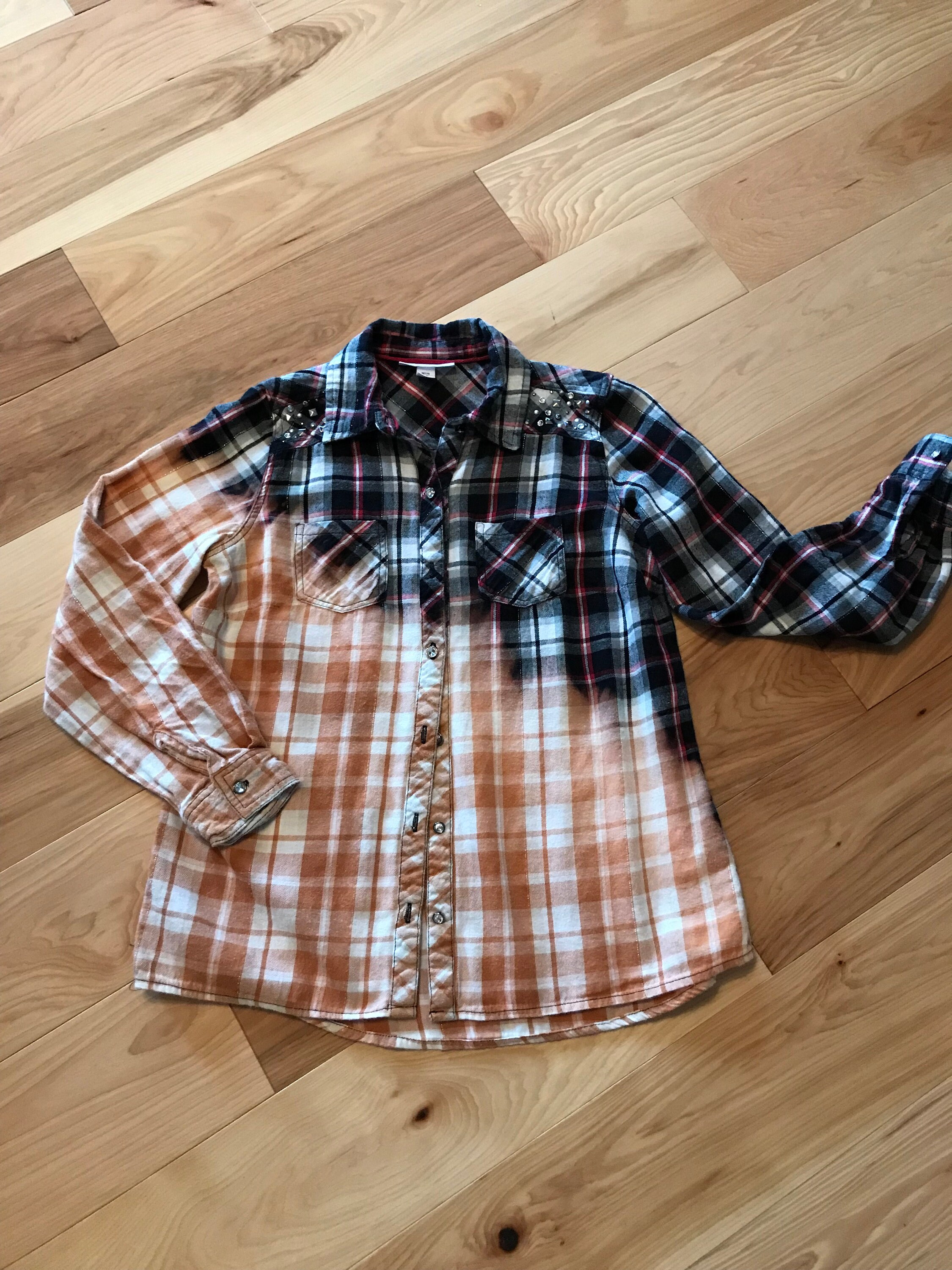 Upcycled Diagonally Bleached Flannel Shirt Junior Size XS, Black Red ...