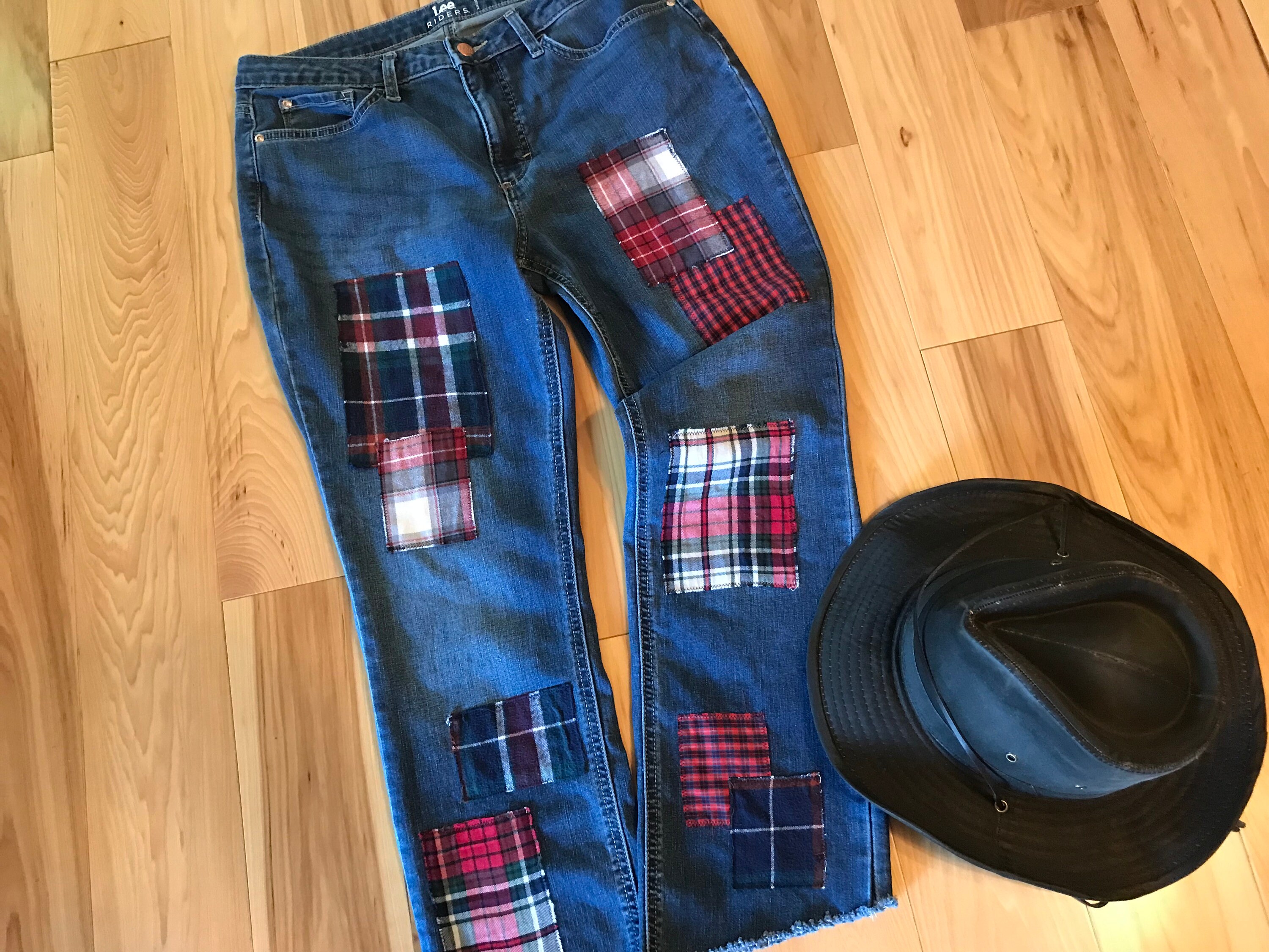 Reworked Plaid Flannel Patch Jeans Size 14 Upcycled Handmade - Etsy