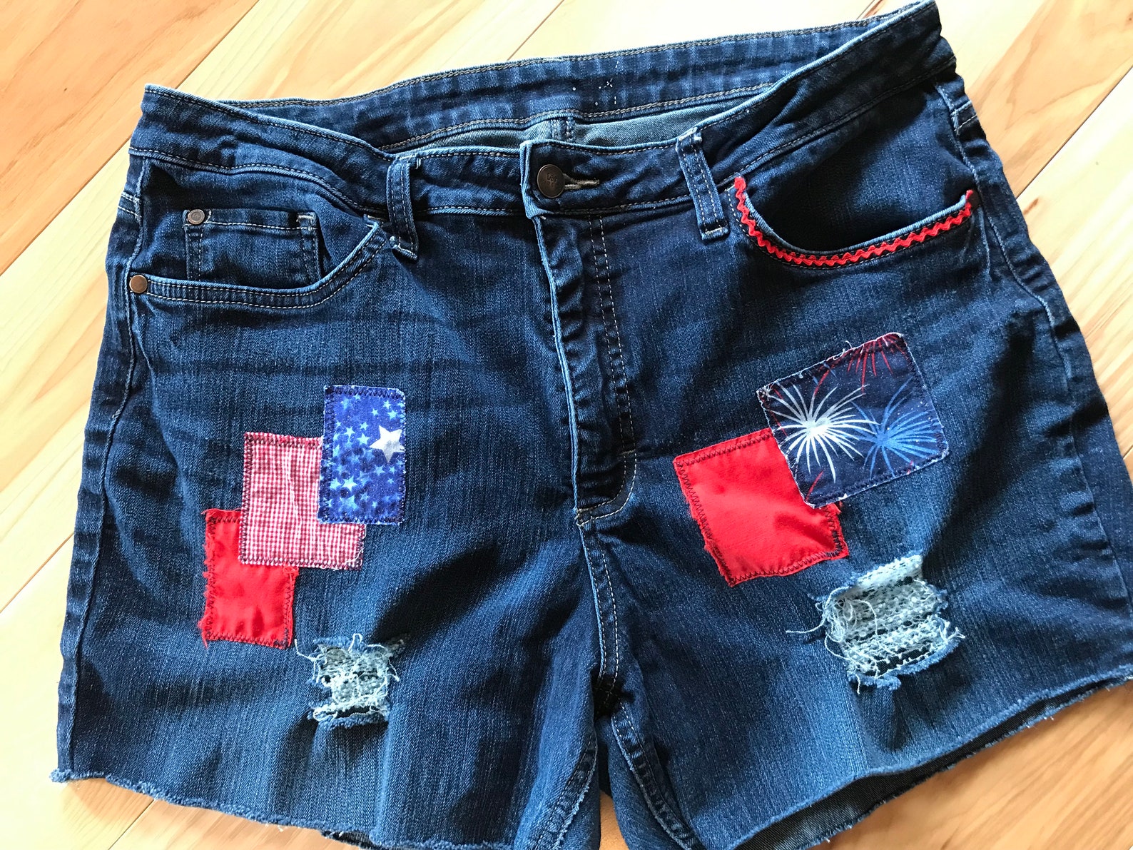 Women's Size 16 Ripped Denim Cutoffs, Upcycled Patched 4th of July ...