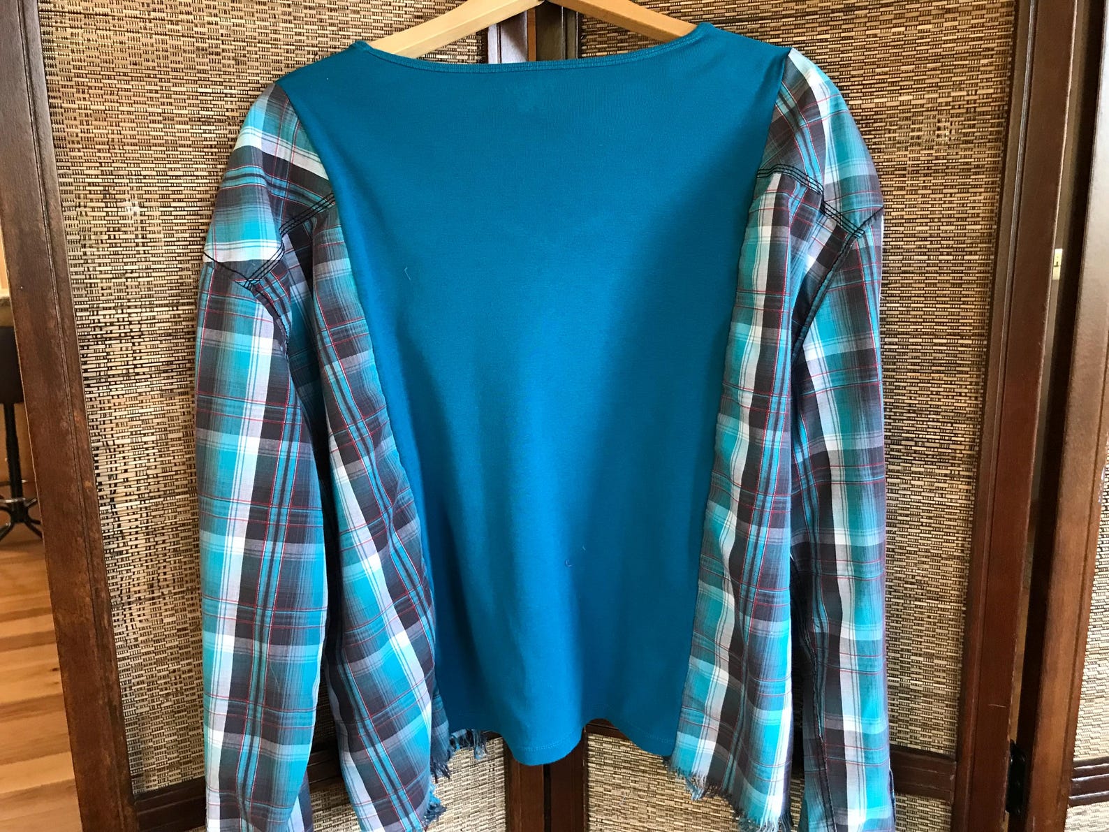 Upcycled Plaid Shirt: Teal Coffee Graphic Tee, Fringed Hem (M-XL) RWTG ...