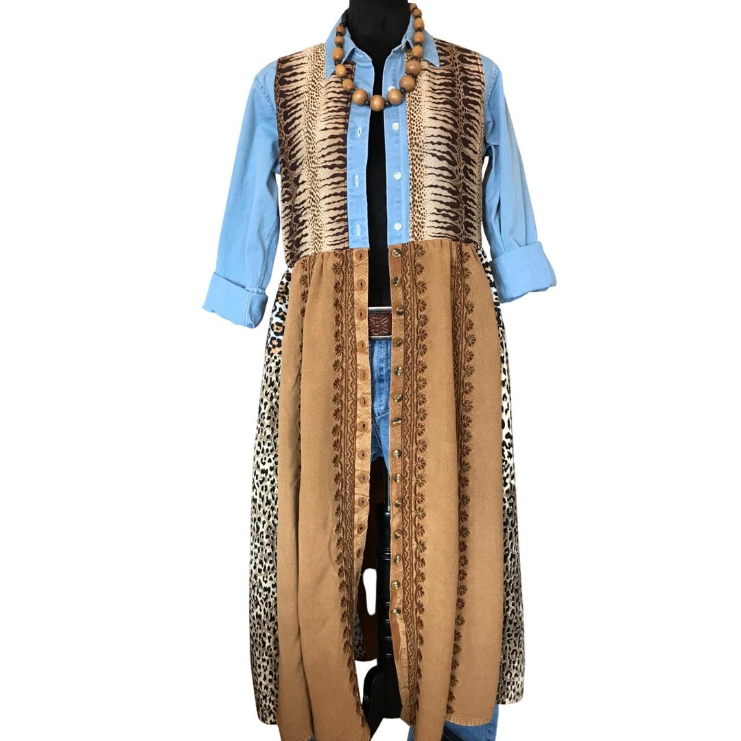Boho Animal Print Duster Size Medium, Upcycled Patchwork Casual Maxi ...
