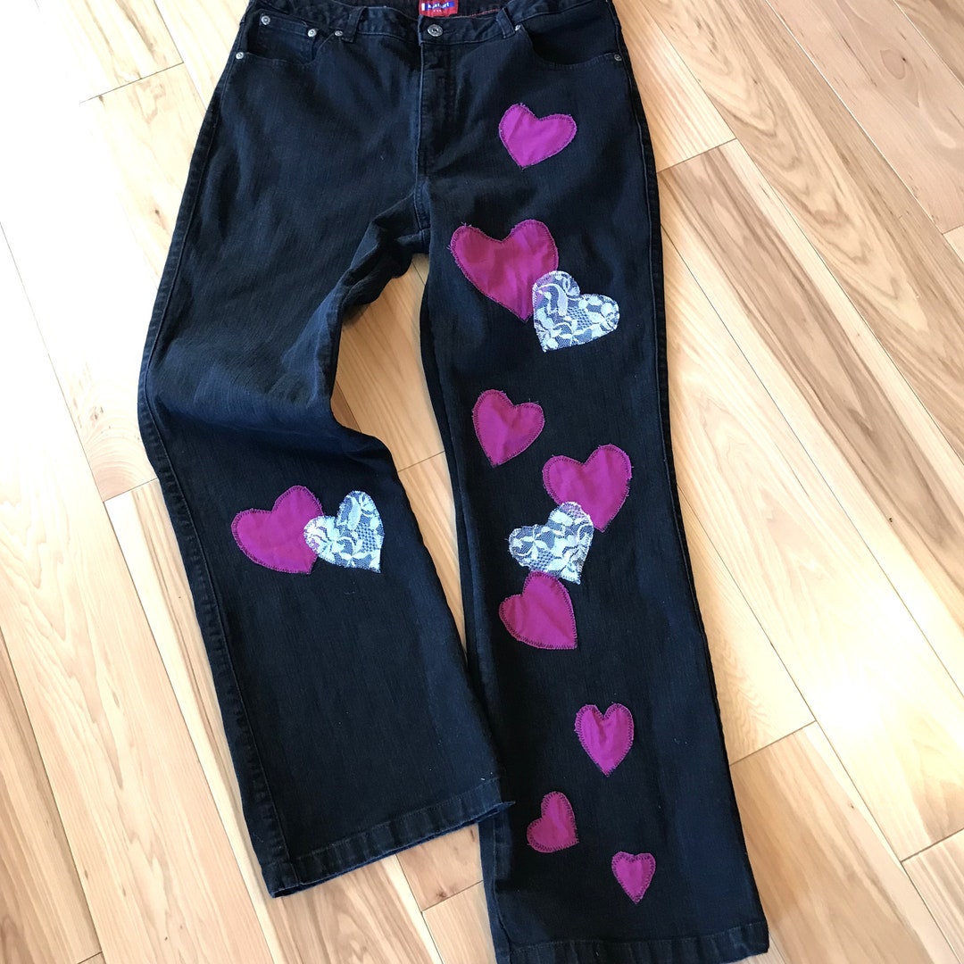 Valentine Jeans Size 14, Magenta and Lace Heart Patches on Black Denim ...