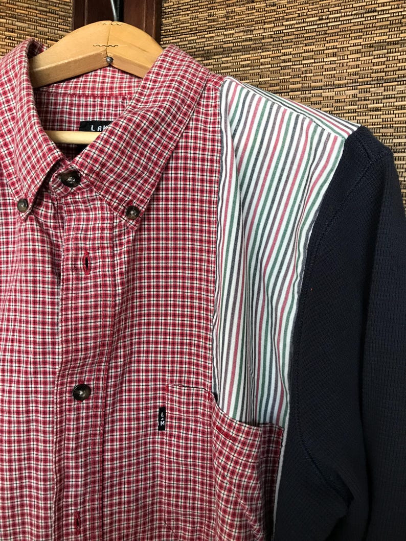 Upcycled Mixed Print Button-down Shirt, Size M-L: Spliced Plaid ...
