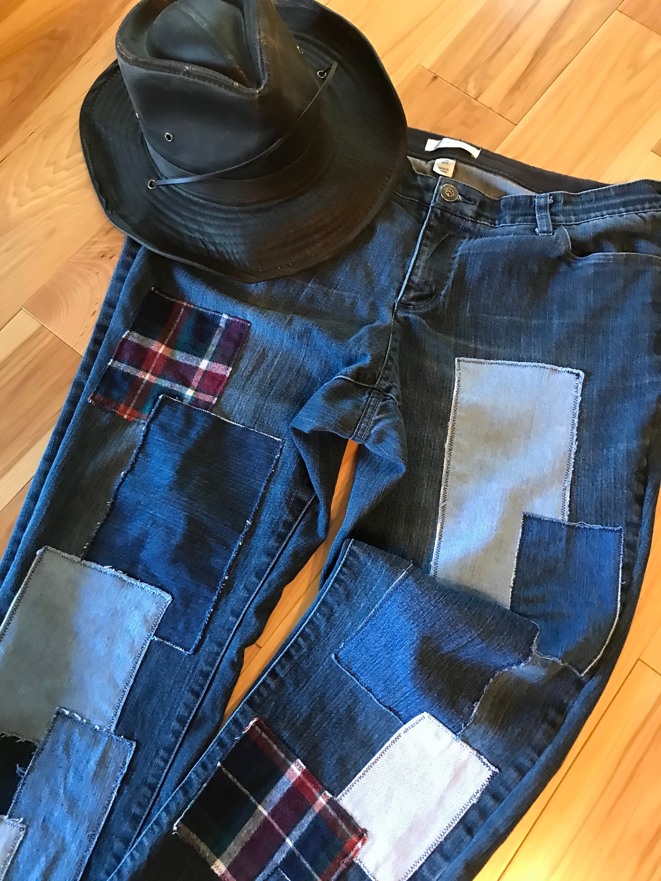 Reworked Denim Flannel Plaid Patch Jeans Size 16 Upcycled - Etsy