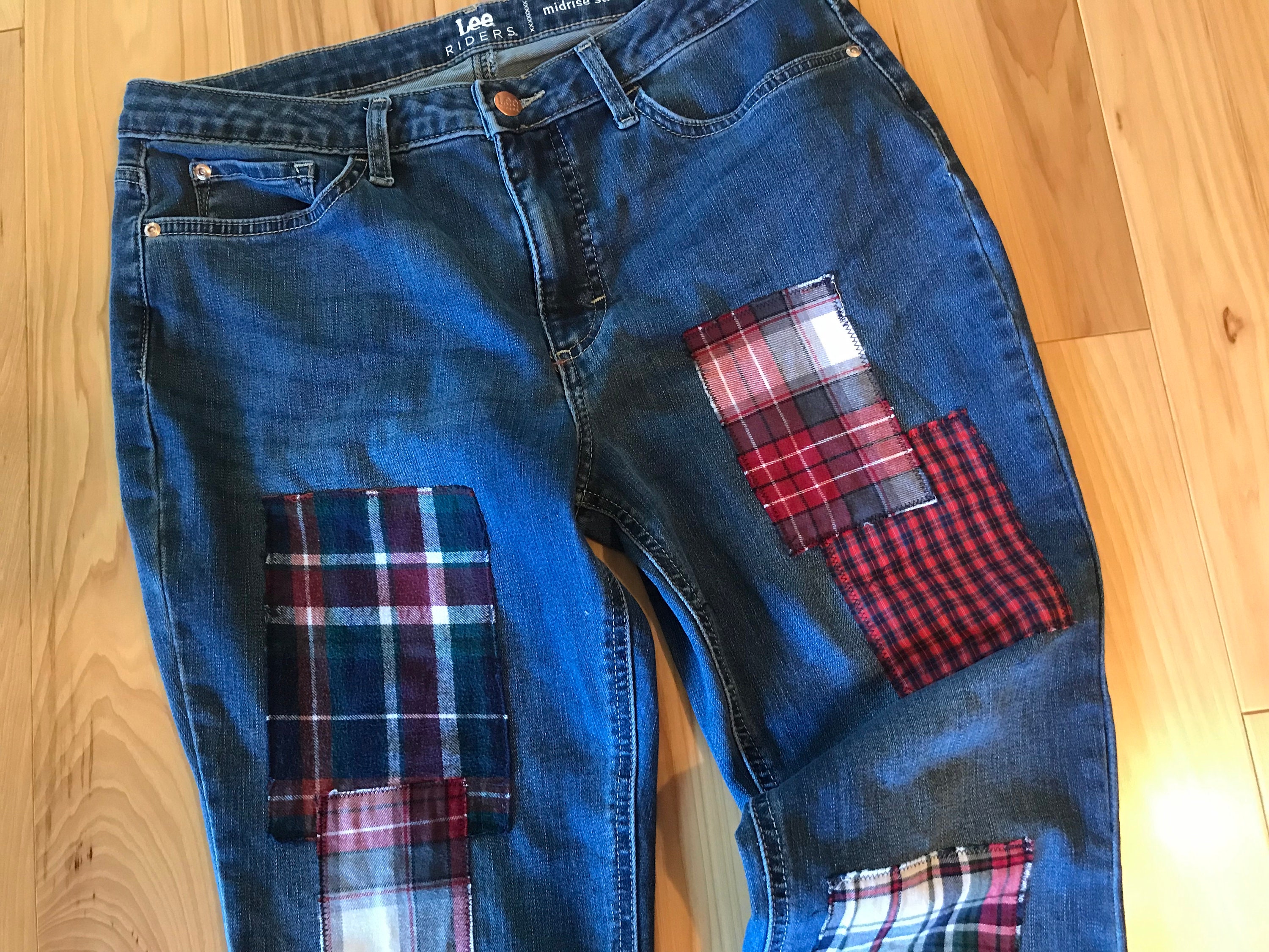 Reworked Plaid Flannel Patch Jeans Size 14 Upcycled Handmade - Etsy
