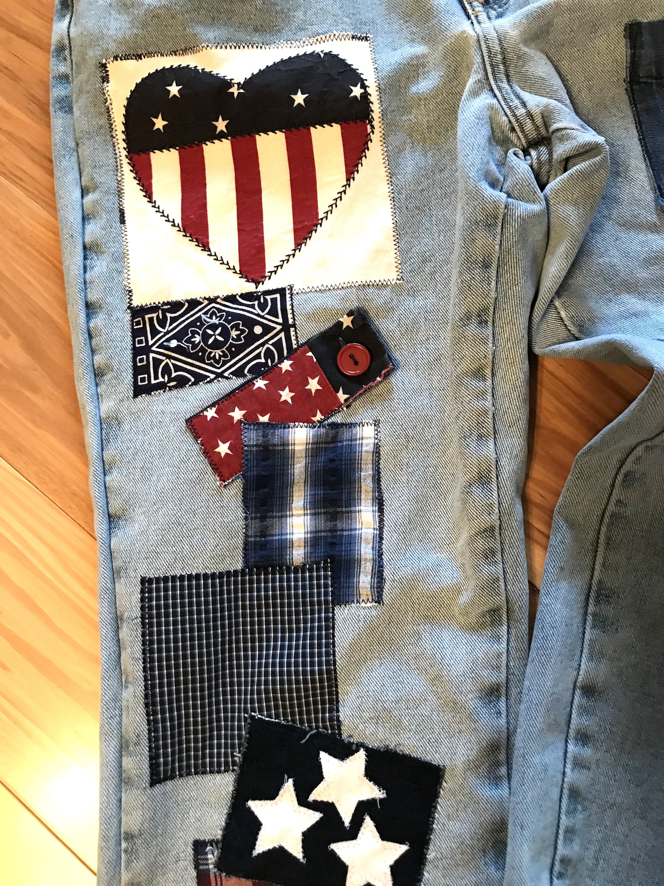 Upcycled Patchwork Cropped Jeans Women's Size 14, Patriotic Stars and ...