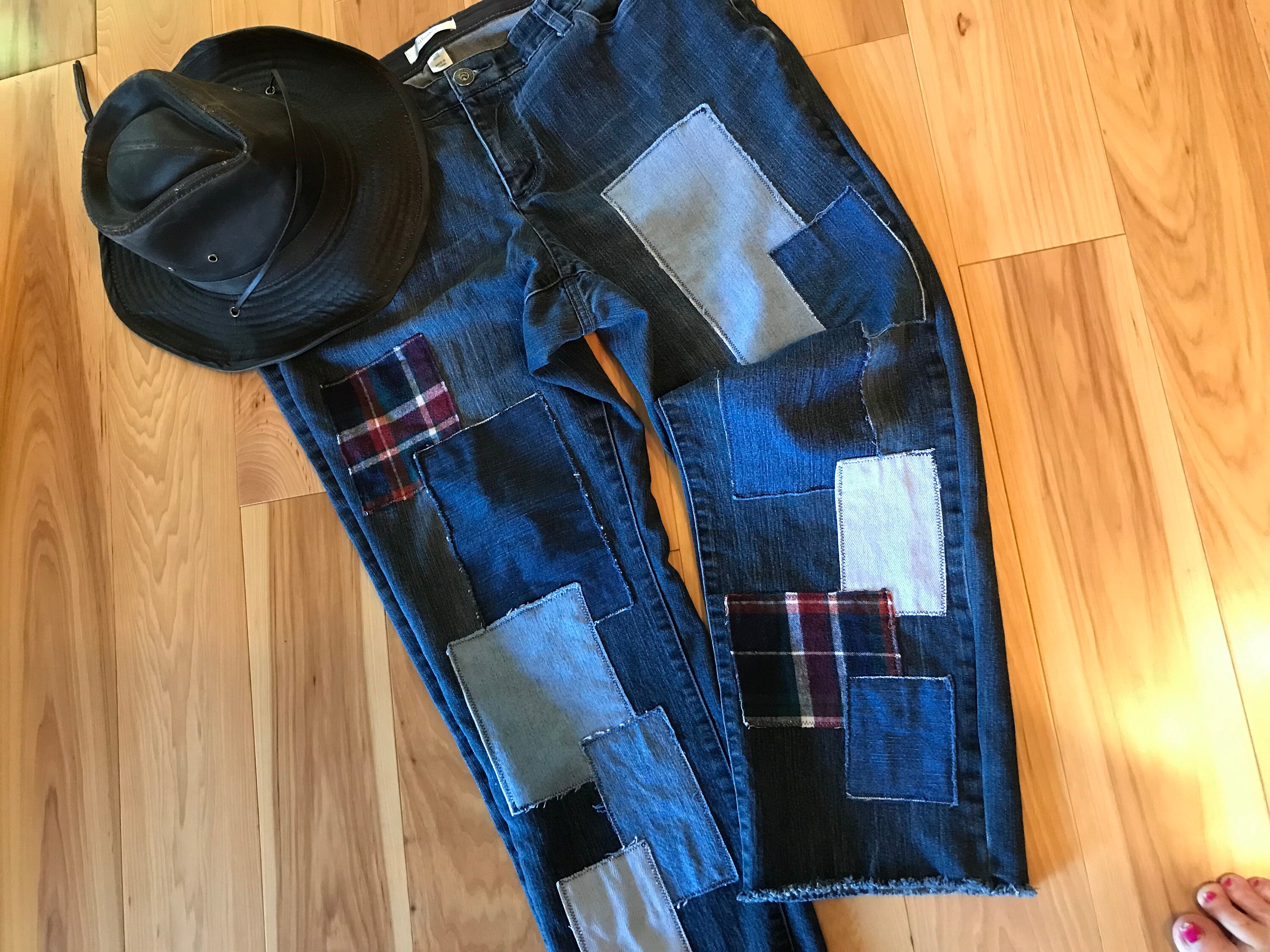 Reworked Denim Flannel Plaid Patch Jeans Size 16 Upcycled - Etsy